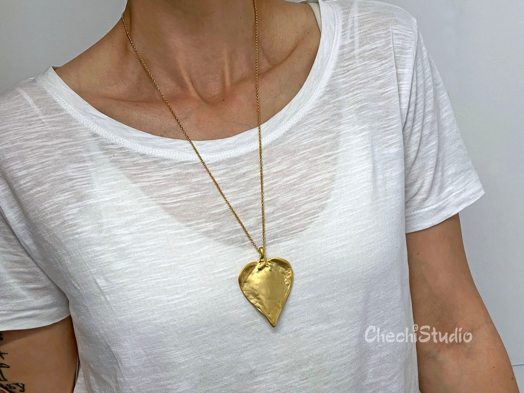 Large Gold Heart Necklace, Silver Heart Pendant Necklace, Long Chain ...