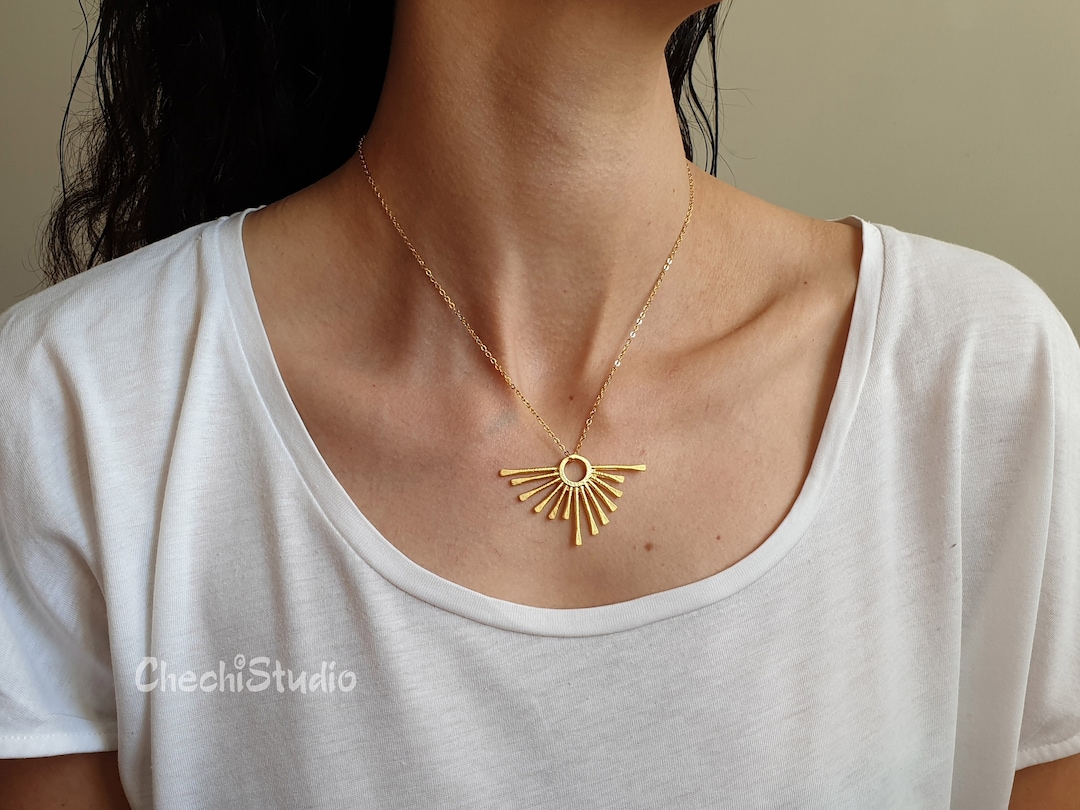 Gold Sun Necklace, Gold Sunray Necklace, Large Gold Sun Ray Necklace ...