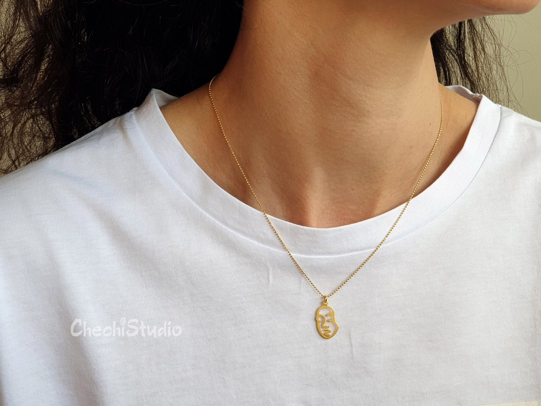 Gold Face Necklace, Gold Abstract Face Necklace, Silver Face Necklace ...