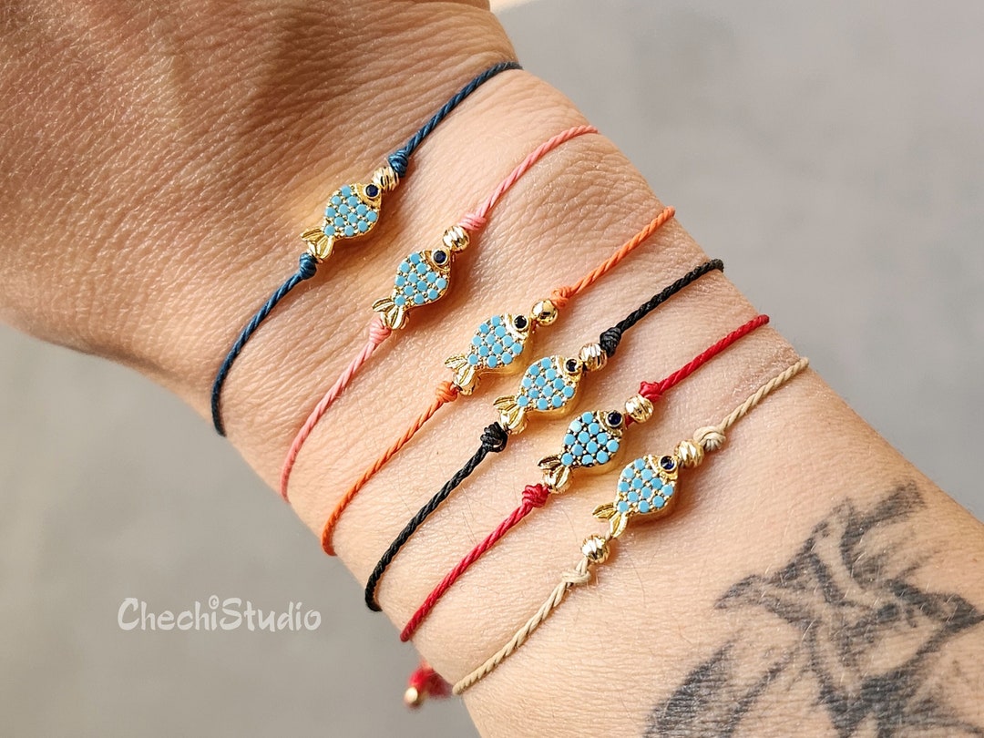 Adjustable Red Cord Fish Bracelet, Gold Pave Fish Charm Bracelet, Gift ...