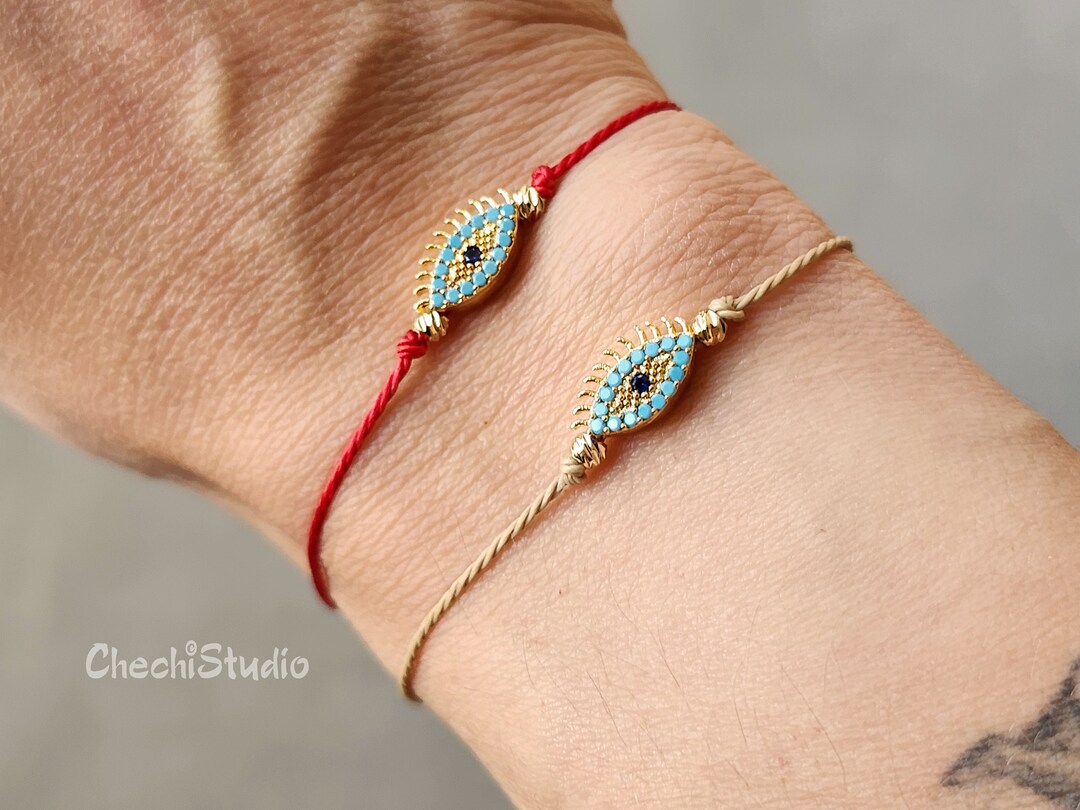 Gold Pave Evil Eye Cord Bracelet, Adjustable Friendship Jewelry - Etsy