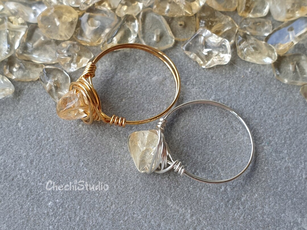 Citrine Ring, Wire Wrap Ring, November Birthstone, Citrine Beaded Ring ...