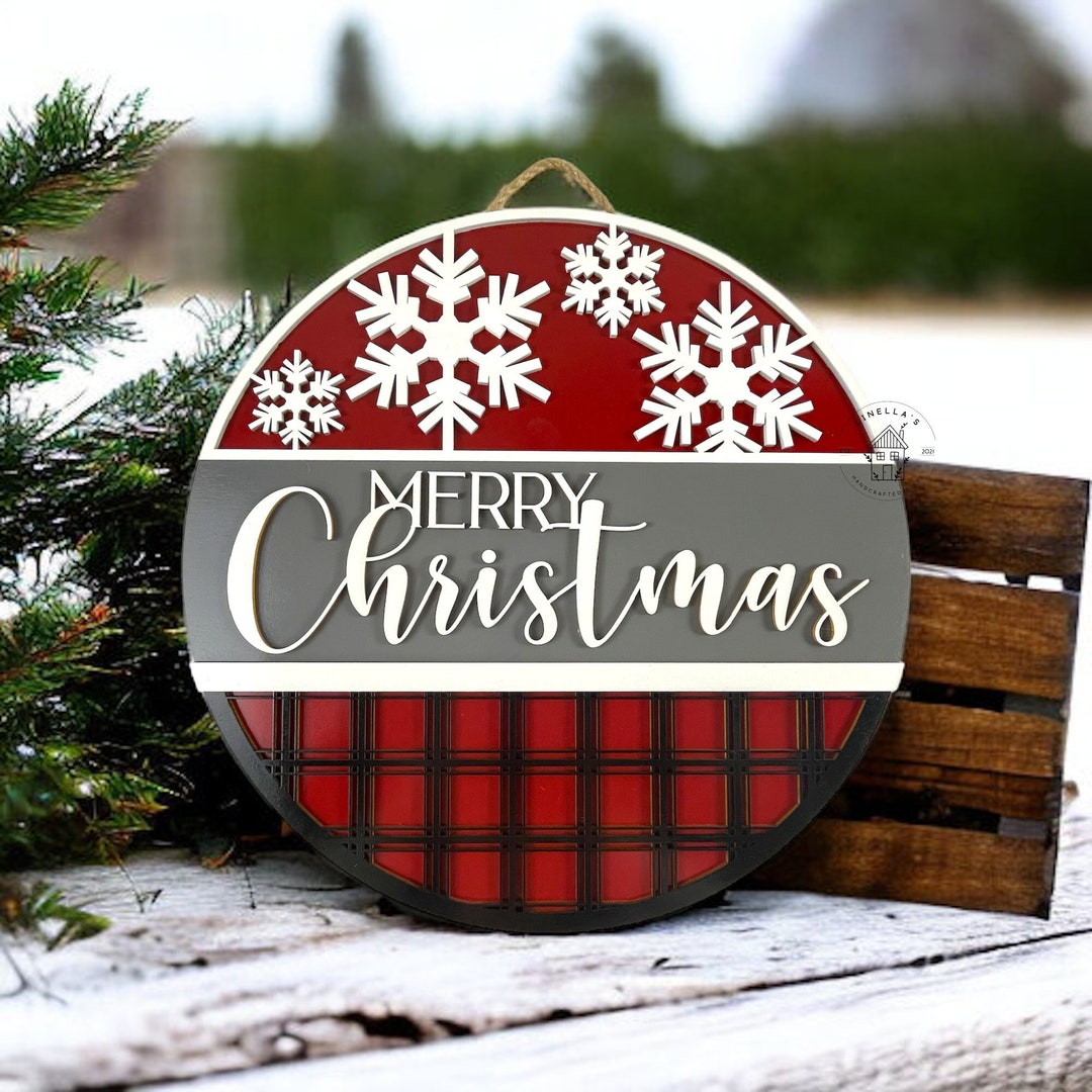 Christmas Door Hanger, Merry Christmas Door Hanger, Wood Round Sign ...