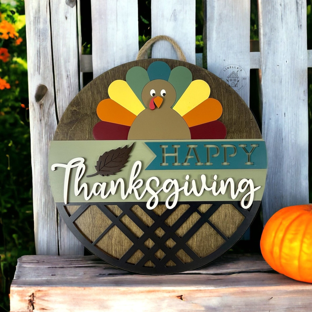 Thanksgiving Door Hanger, Turkey Door Hanger, Wood Round Sign, Happy ...