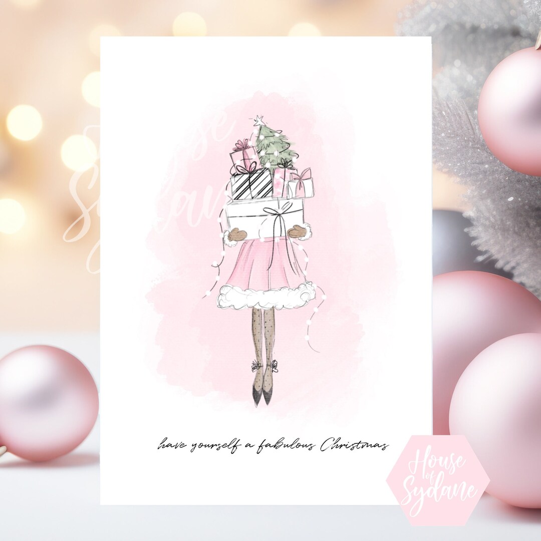 Pink Christmas Girl With Gifts Card Pink Christmas Card - Etsy UK