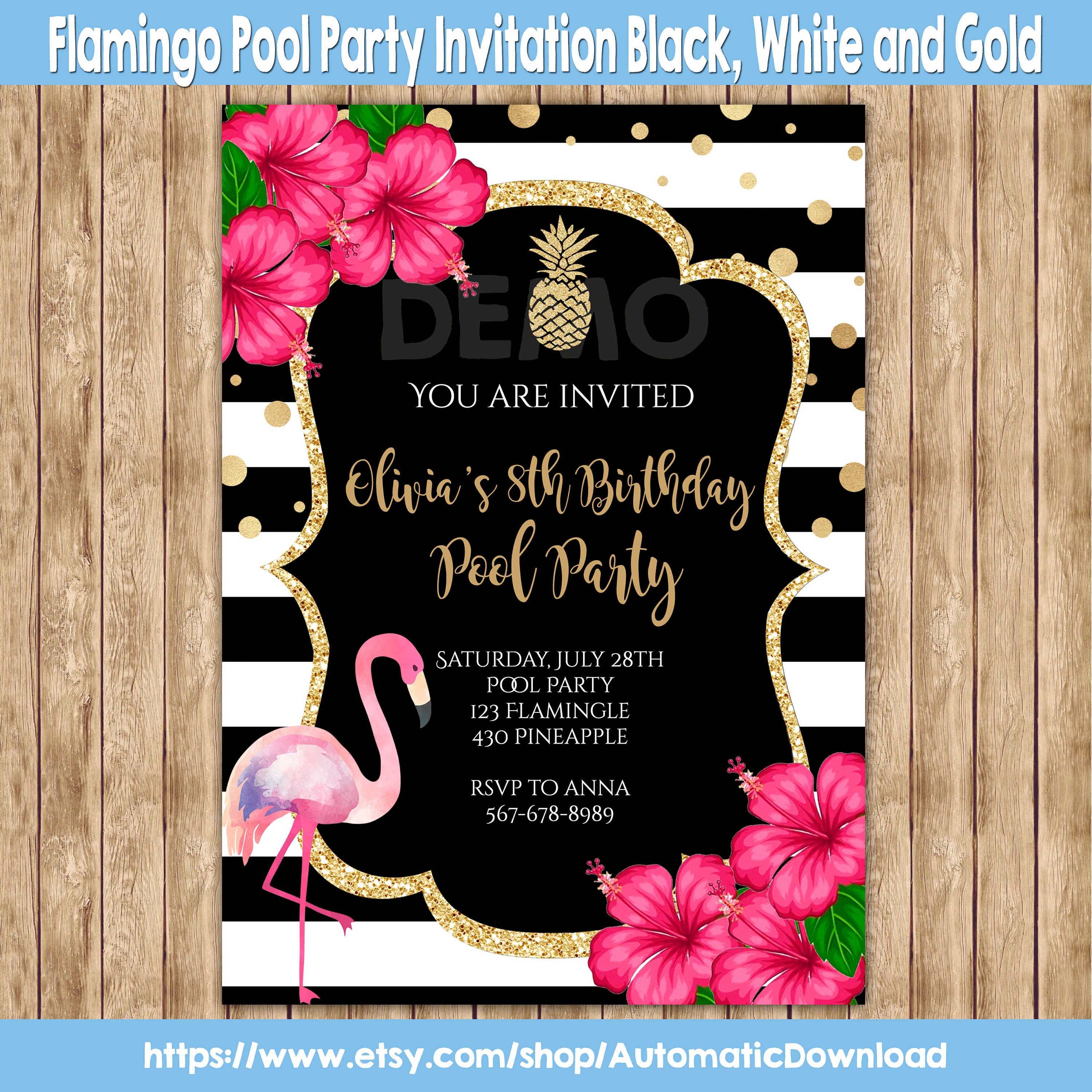 Flamingo Pool Party, Invitation Black, White and Gold, Pool Party ...