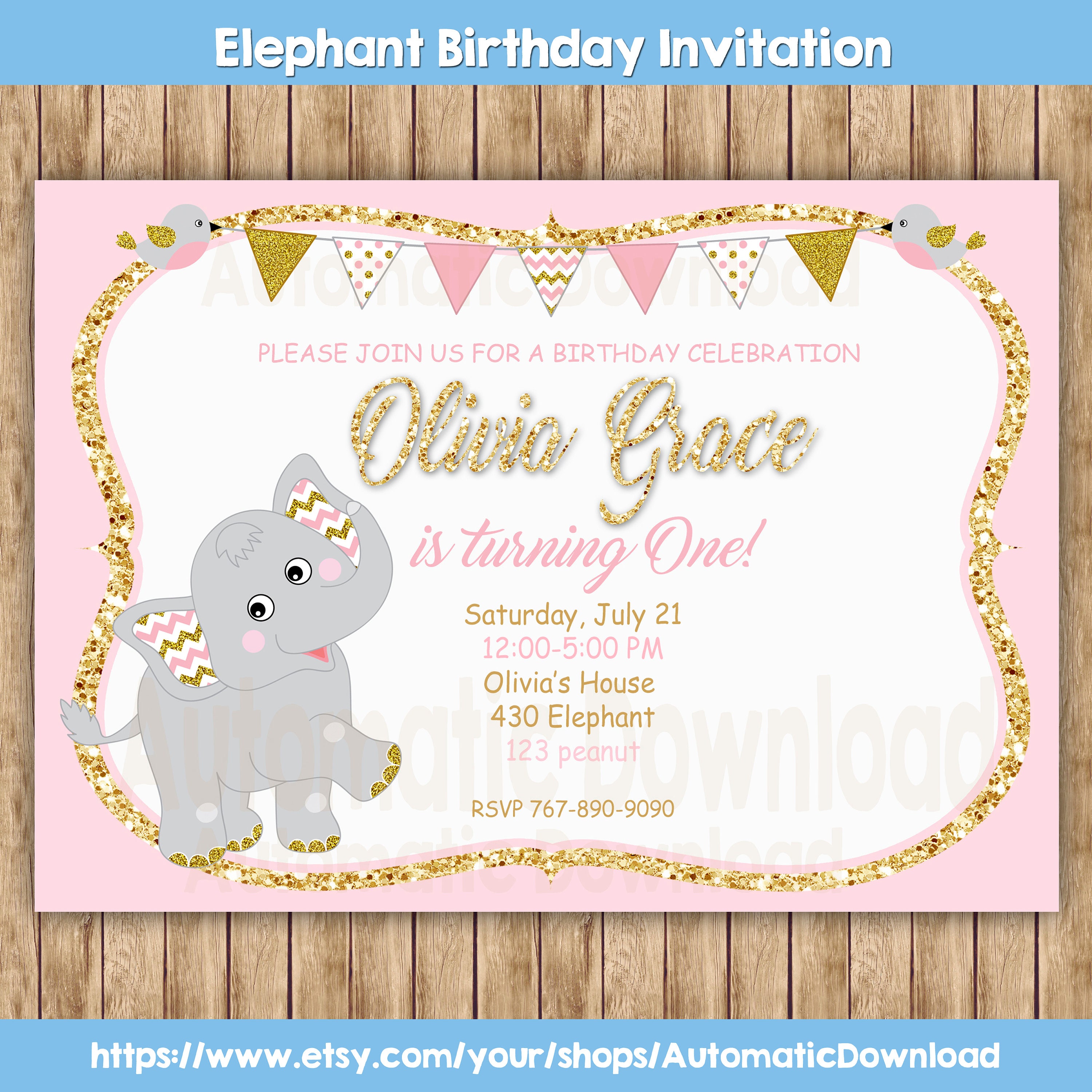 Elephant Birthday Party Invitations