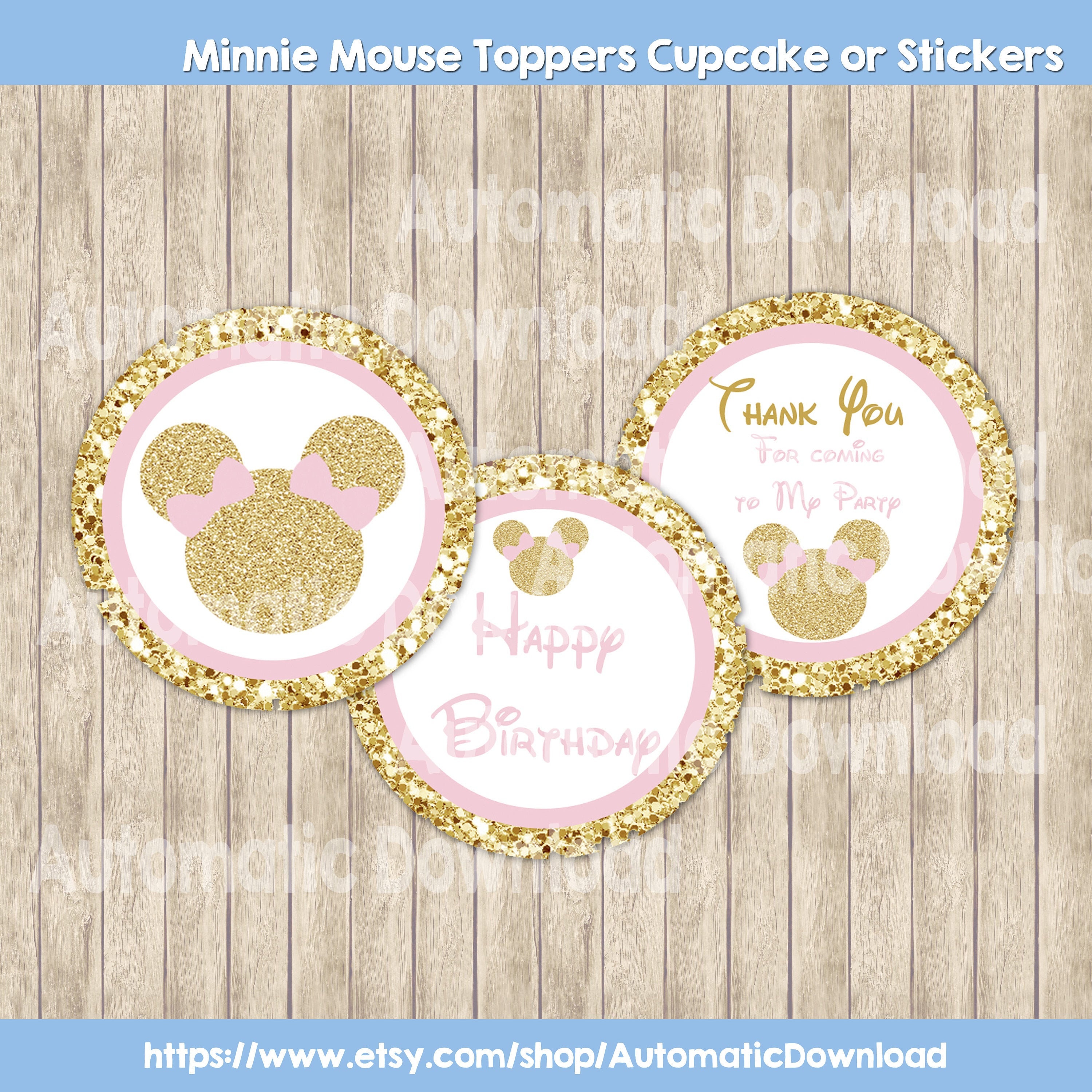 Minnie Mouse, Pink and Gold, Toppers Cupcake, Stickers, Labels Minnie ...