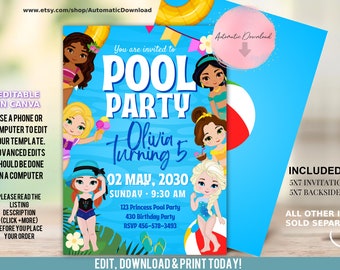 Princess Belle Pool Party Invitation, Summer Invitation, Pool Party ...
