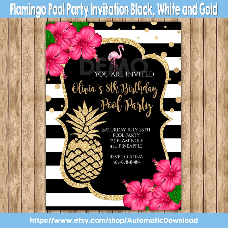 Pineapple, Flamingo Pool Party, Sweet 16 Invitation, Pool Party ...