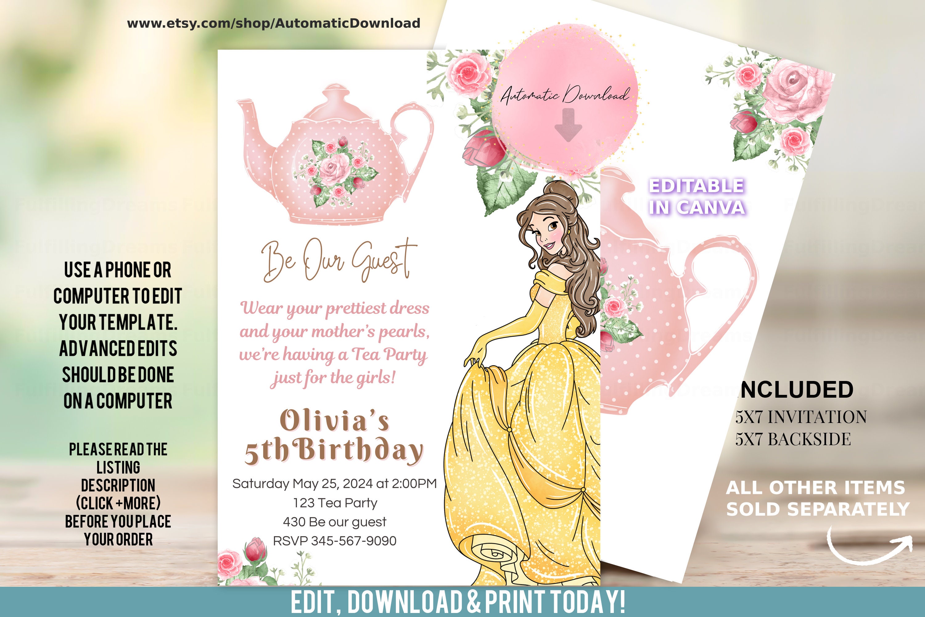 Princess Belle, Tea Party Invitation, Princess Tea Party, Belle ...