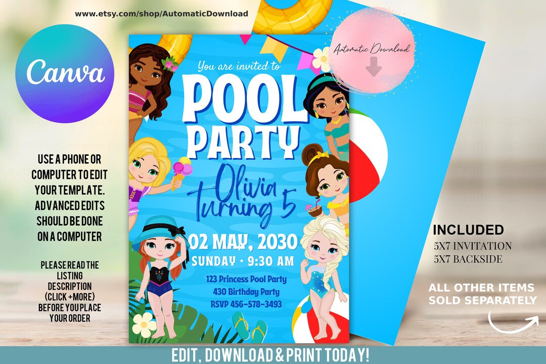 Princess Pool Party, Princess Invitation, Pool Party Invitation, Pool ...