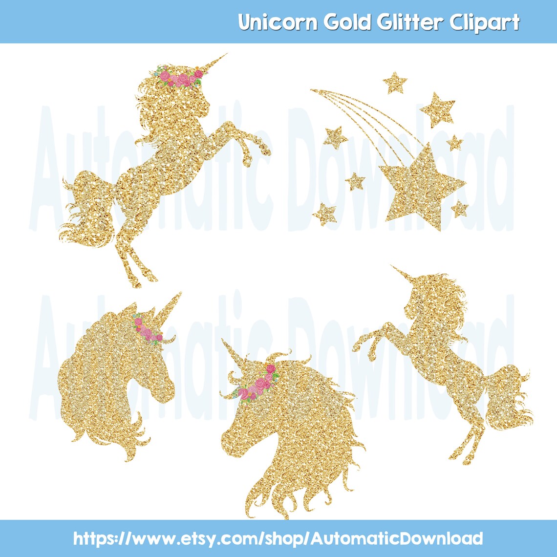 Unicorn Gold Glitter Clipart, Unicorn Clipart, Unicorn Glitter, Unicorn ...