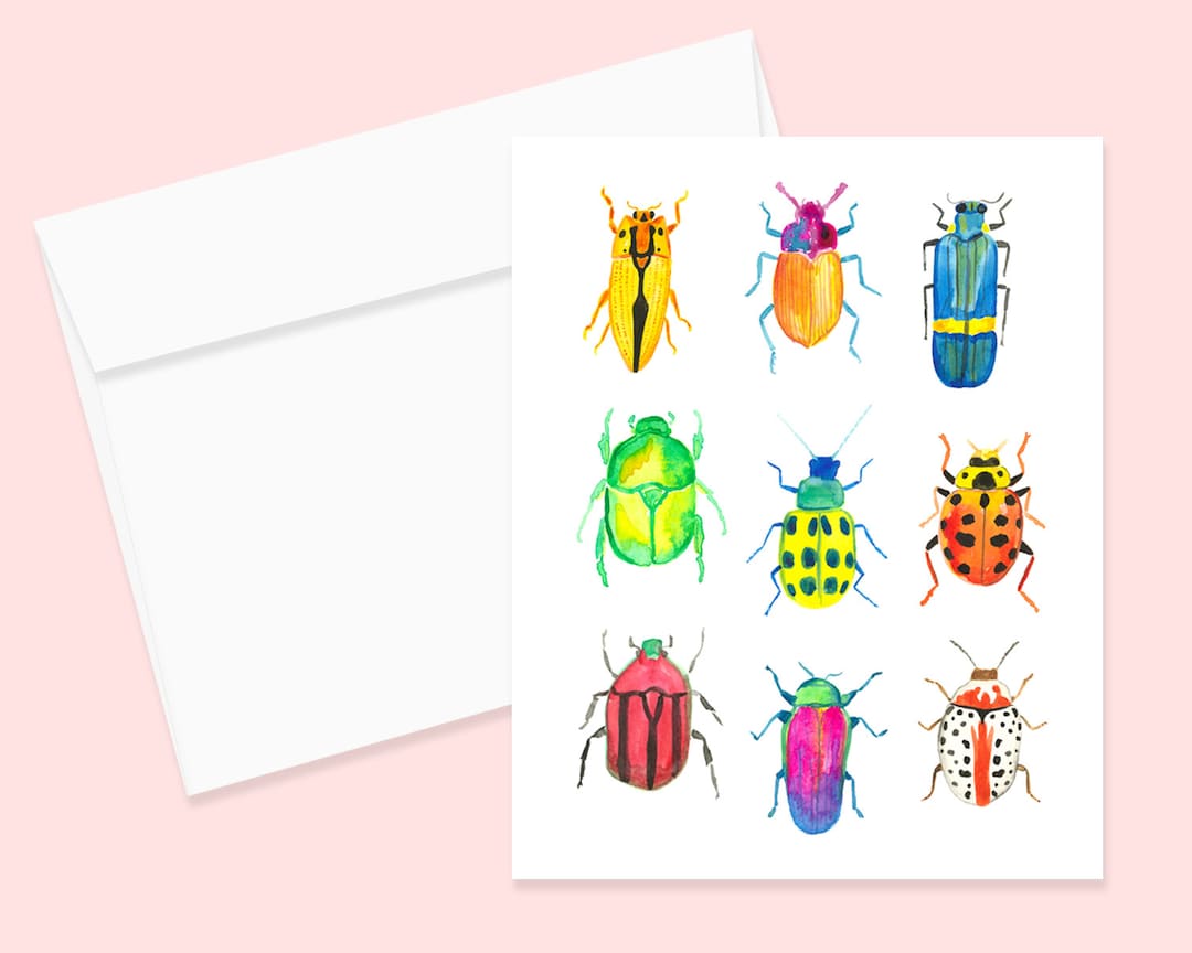 Beetles Watercolor Greeting Card and Envelope, Insect Stationary, Bug ...