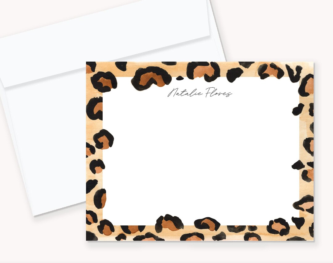 Personalized Flat Cards Stationery Set, Watercolor Leopard Print ...