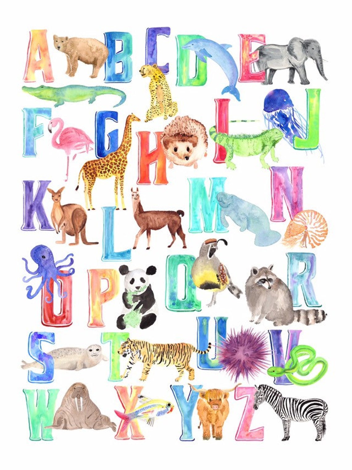 Animal ABC Chart Watercolor Animal Art Abc Print Original - Etsy