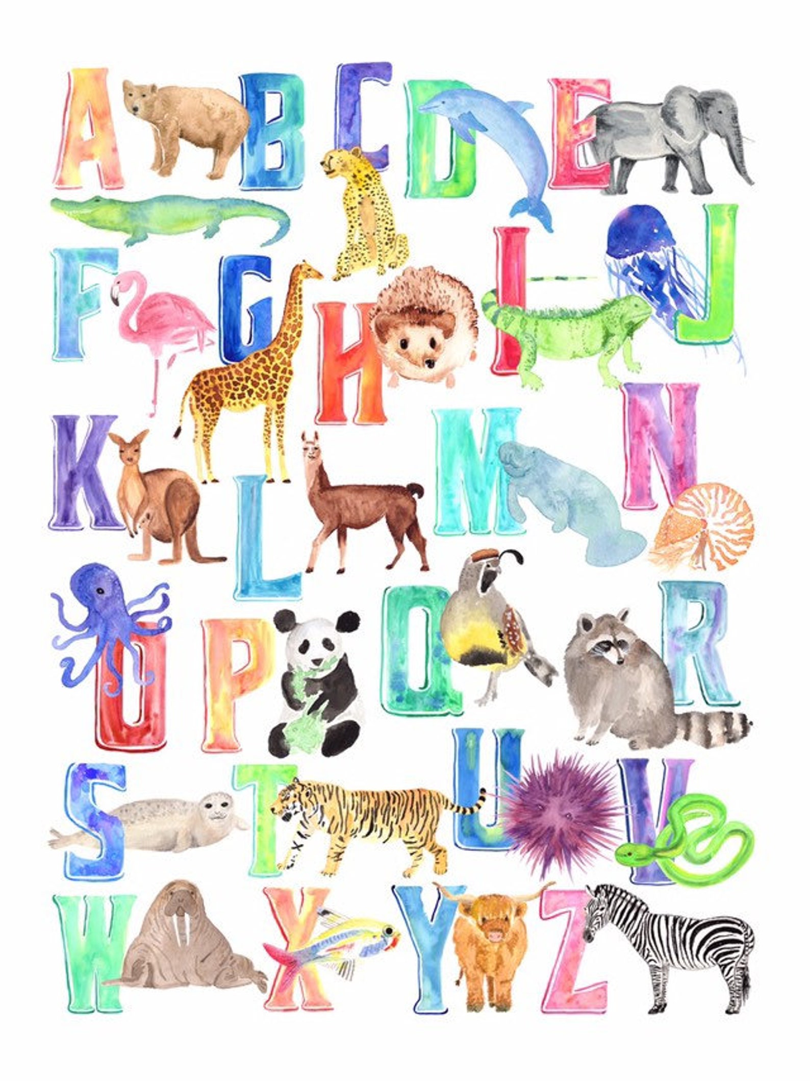 Animal ABC Chart Watercolor Animal Art Abc Print Original - Etsy