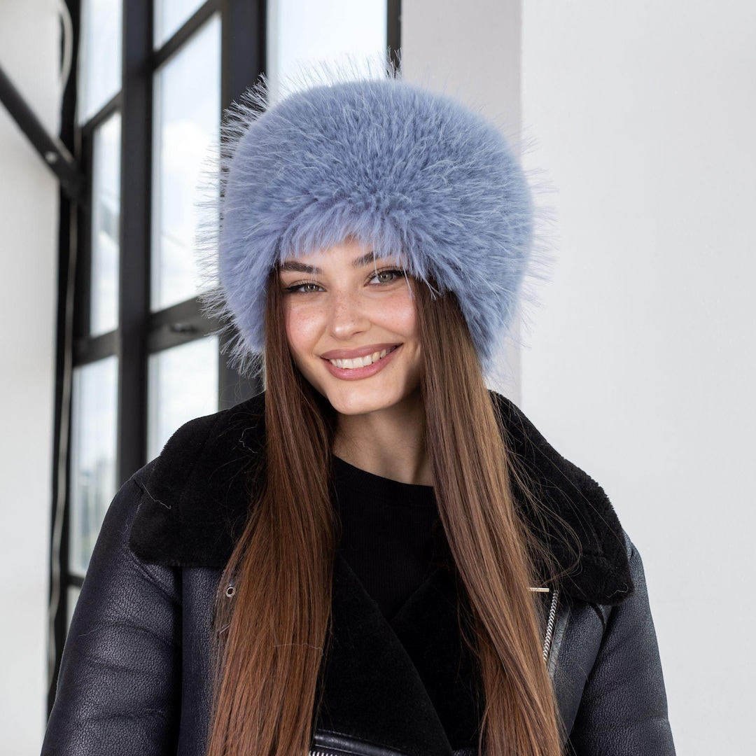 Dusty Blue Faux Fur Hat, Round Fur Women's Headwear for Winter, Faux ...