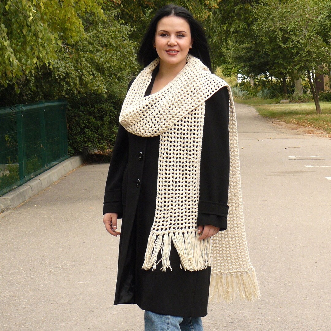 Extra Long Crochet Scarf for Women, Large Beige Crochet Scarf With ...