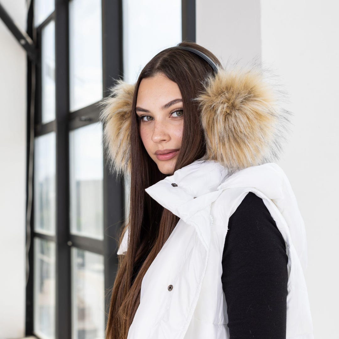 Beige Faux Fur Earmuffs for Ski, Adjustable Fur Earmuffs, Women's ...