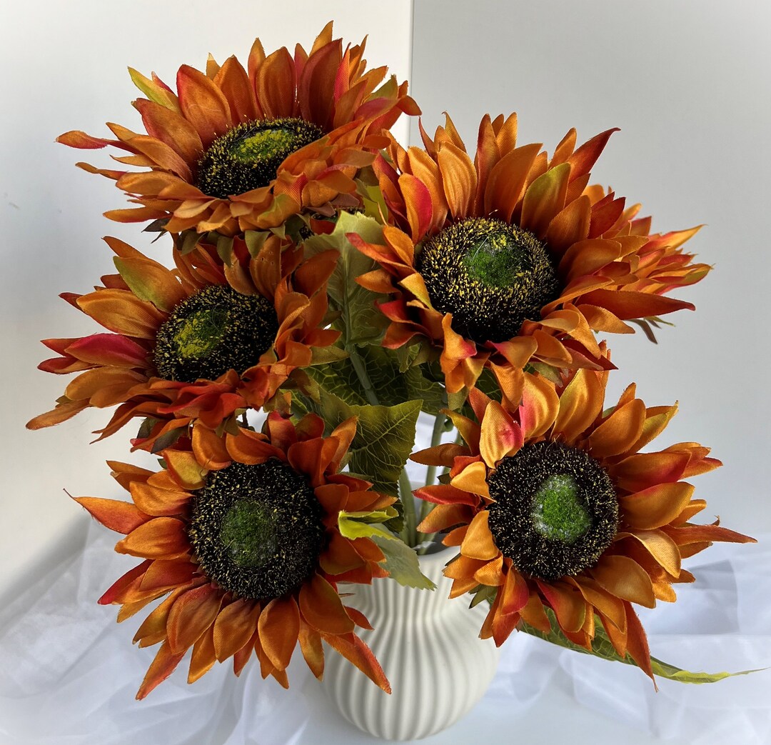 Sunflower Stems Artificial Sunflowers 7 Head Flower Bush Silk Rust ...