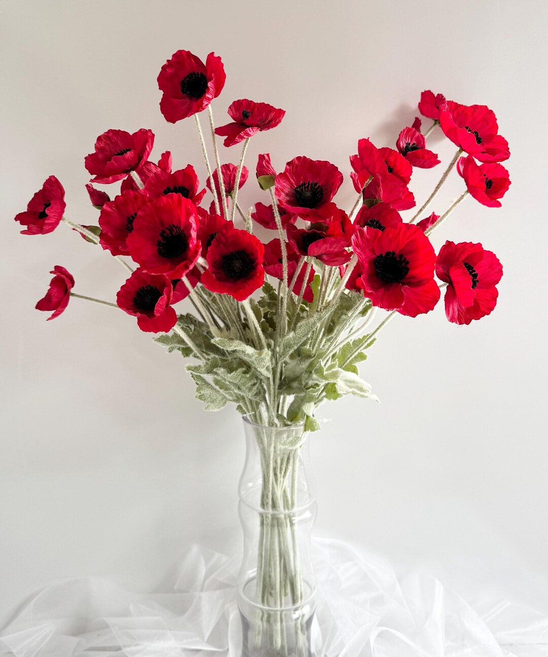Red Poppy Flower Stem Faux Silk Flowers Black Red Poppies Spray DIY ...