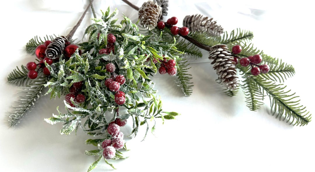 Christmas Pine Cone Stem Red Berry Stems Faux Silk Flower Xmas Deco ...
