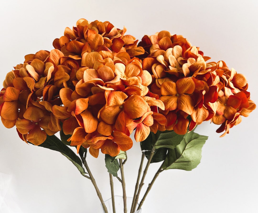 Burnt Orange Hydrangea Stem Faux Silk Flowers Rust Orange Flowers Dried ...