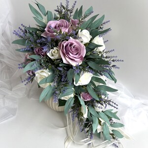 Wedding Bouquet Teardrop Dusty Lavender Purple White Rose Eucalyptus ...