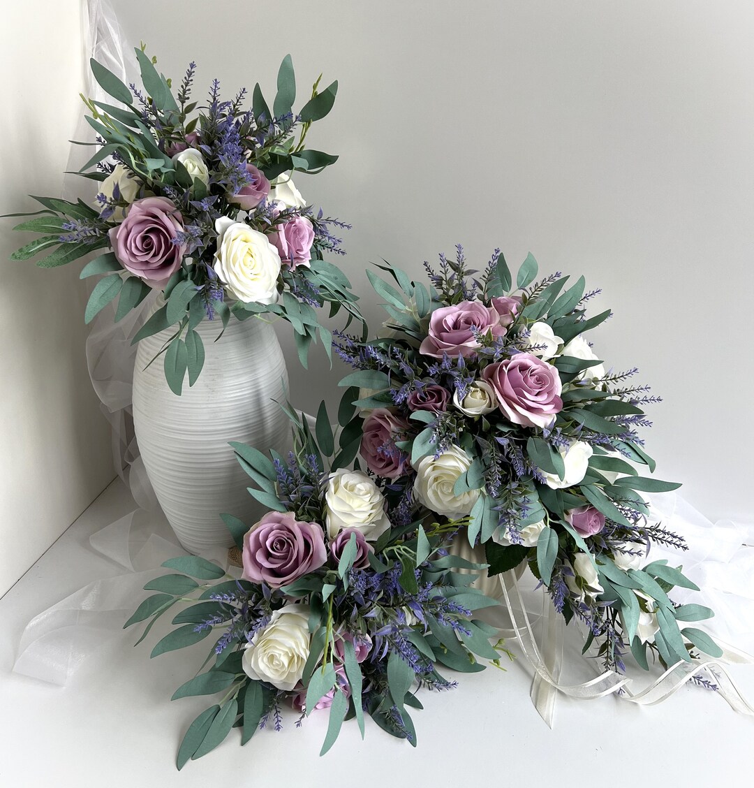 Wedding Bouquet Teardrop Dusty Lavender Purple White Rose Eucalyptus ...
