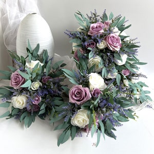 Wedding Bouquet Teardrop Dusty Lavender Purple White Rose Eucalyptus ...