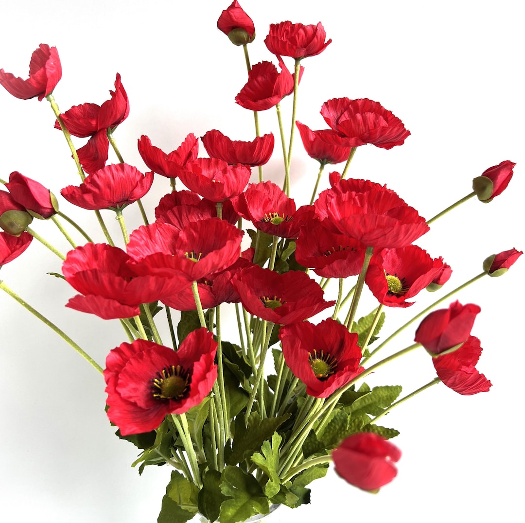 Red Poppy Flower Stem Faux Silk Artificial Red Poppies Spray DIY ...