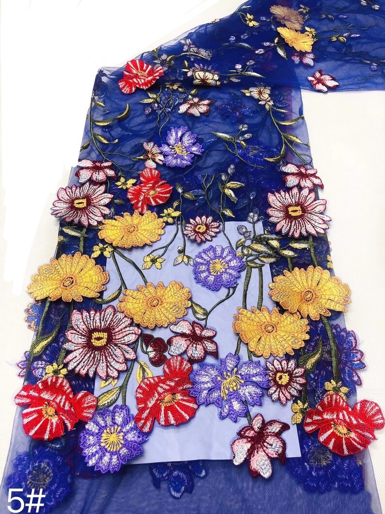 3D Floral Embroidery Lace Fabric, Multicolor Flower Appliqué, 5 Yards ...