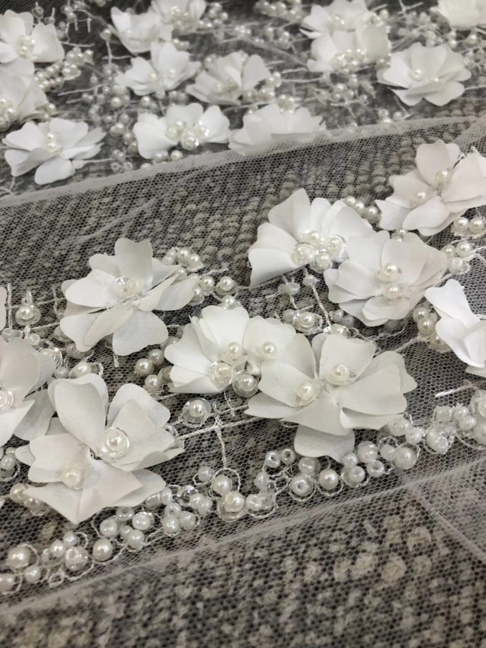 White Lace With Flowers 3D Flower Lace With Pearls Handwork - Etsy