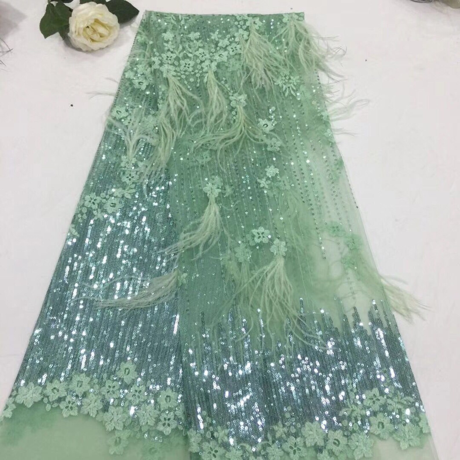 Mint Green Sequin Lace Fabric With Feathers, Floral Embroidery, Bridal ...