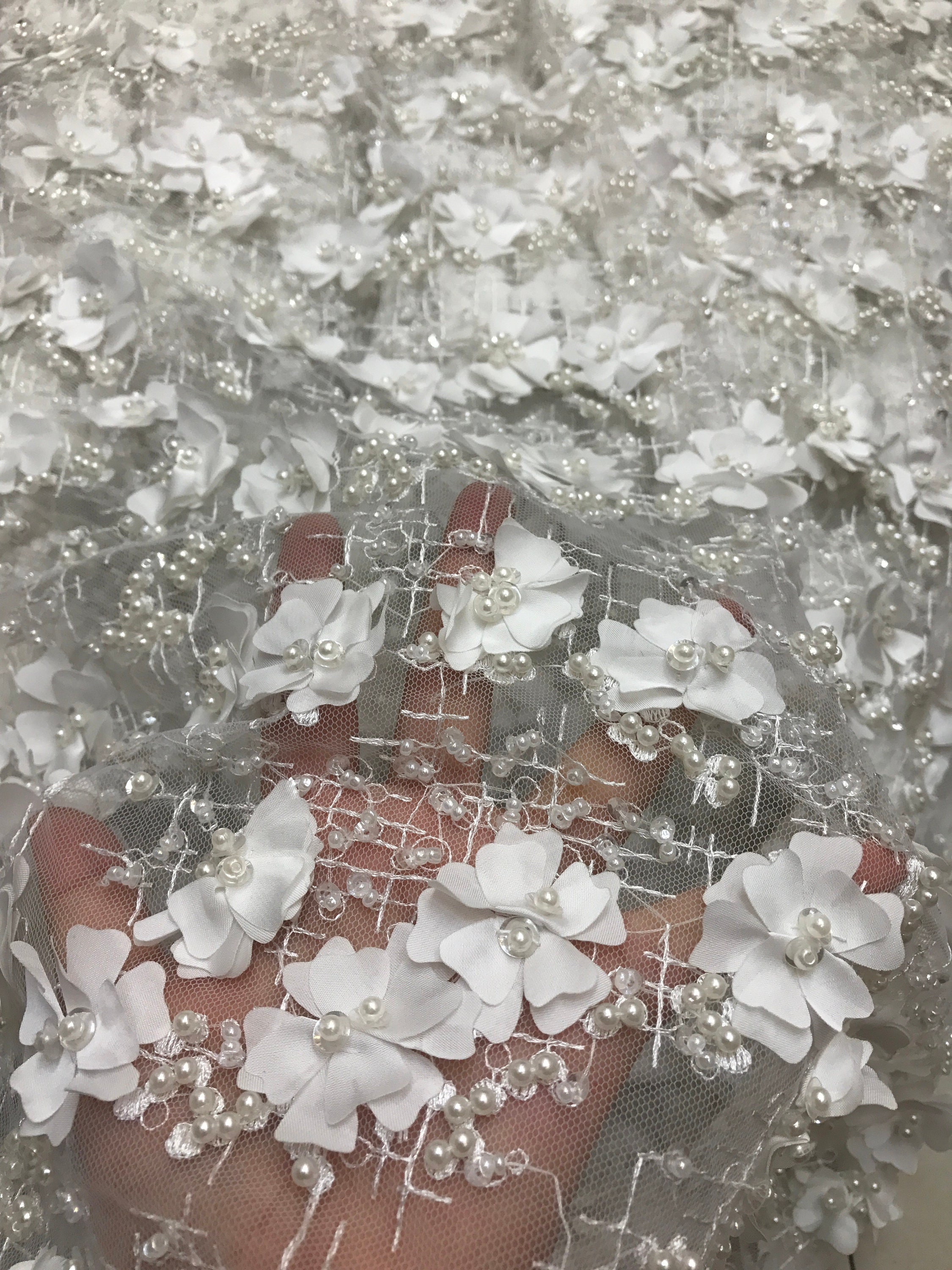 White Lace With Flowers 3D Flower Lace With Pearls Handwork | Etsy
