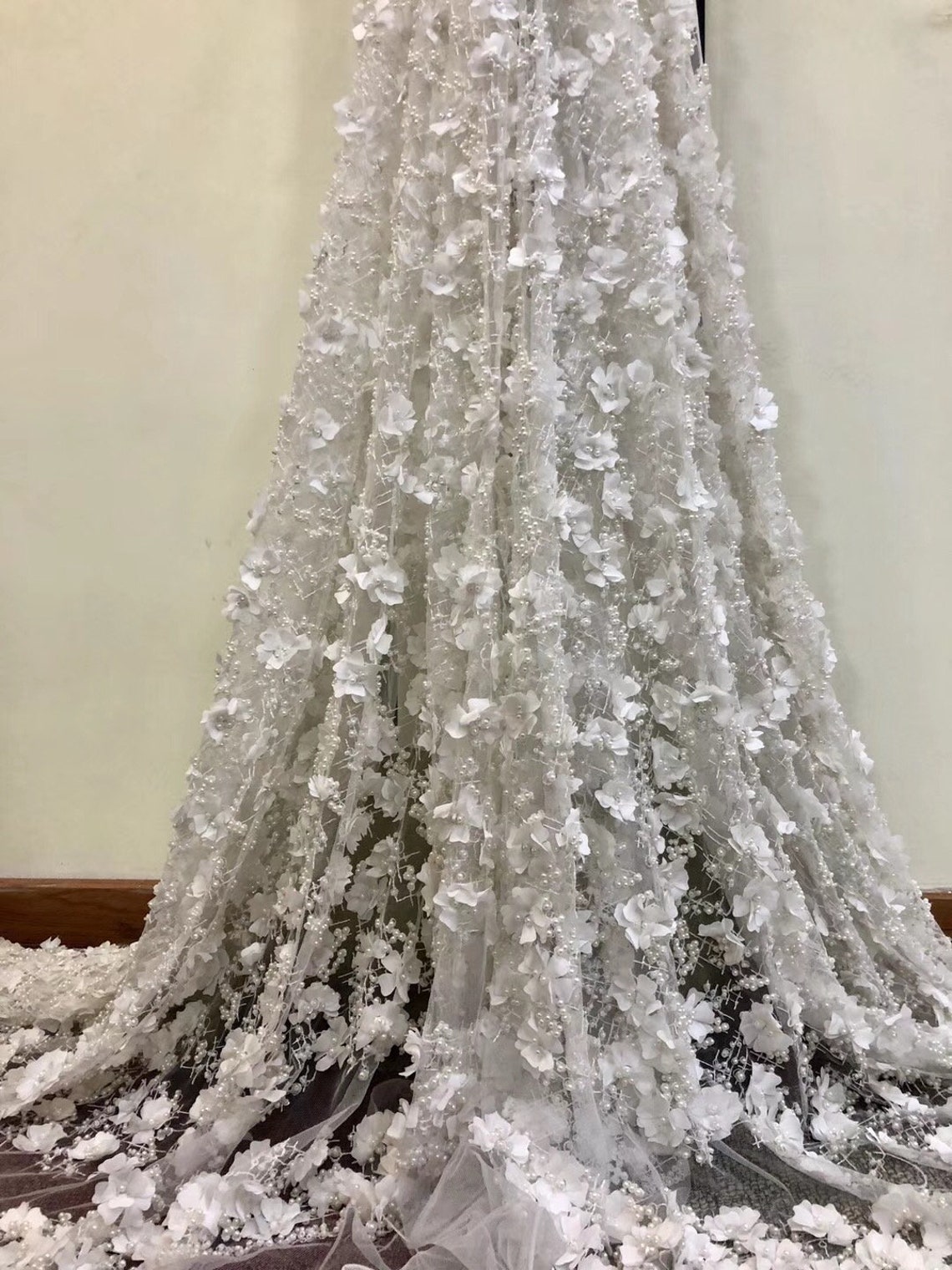 Encaje blanco con flores encaje de flores 3D con perlas tela - Etsy España