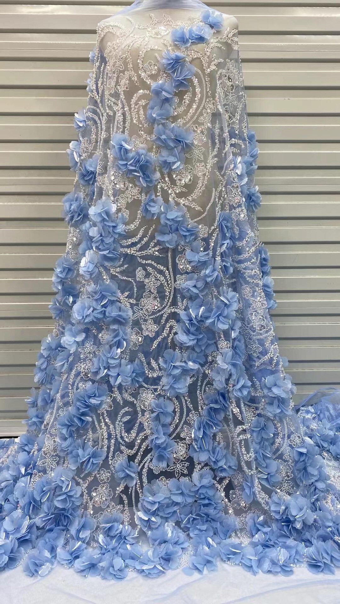 Blue Color Shinning Sequins and Beads Lace Fabric , 3D Flower Lace ...