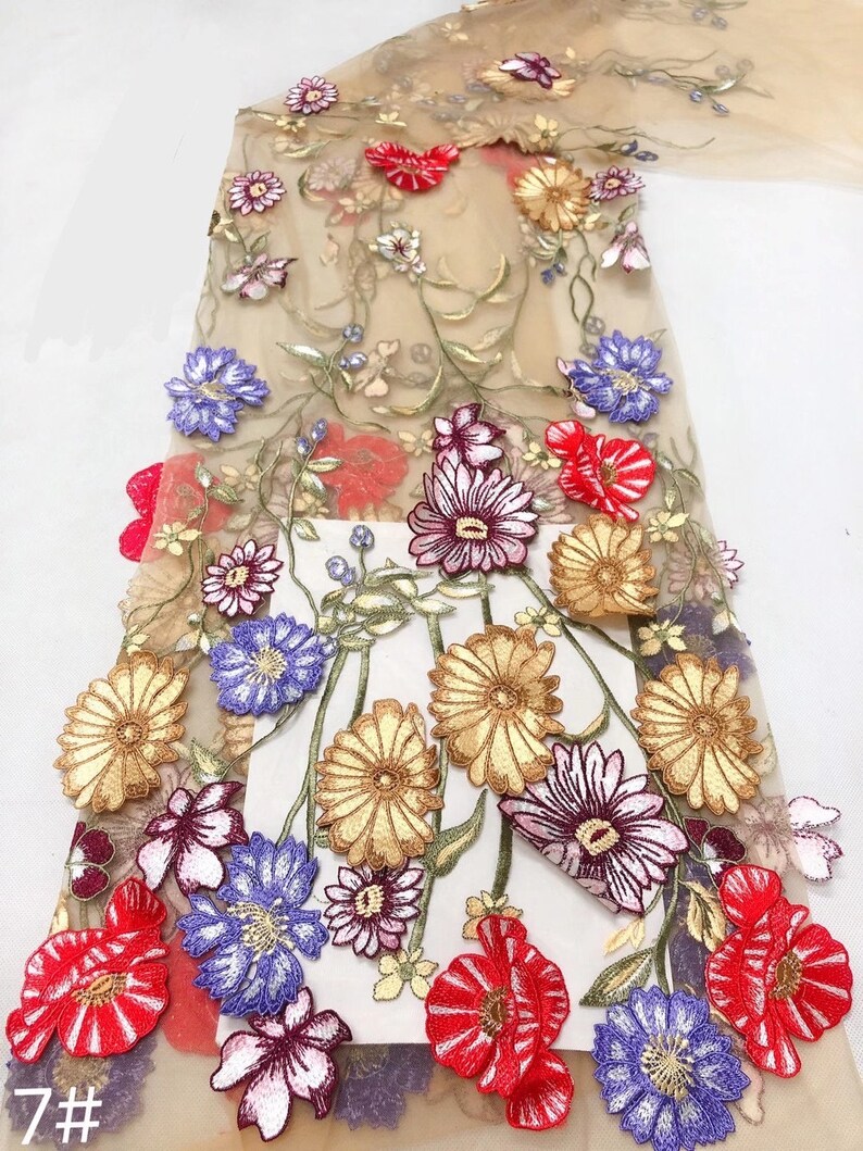 3D Floral Embroidery Lace Fabric, Multicolor Flower Appliqué, 5 Yards ...