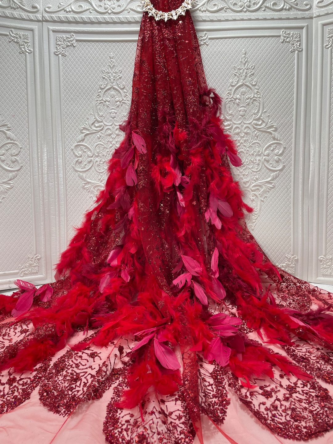 5 Yards One Piece of Fashion Feather Lace Fabric , Shinning Sequins ...