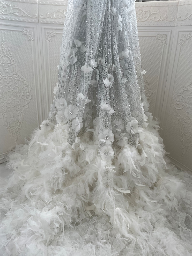 Feather Lace Fabric, Embroidery With Beads, Floral Wedding Dress ...