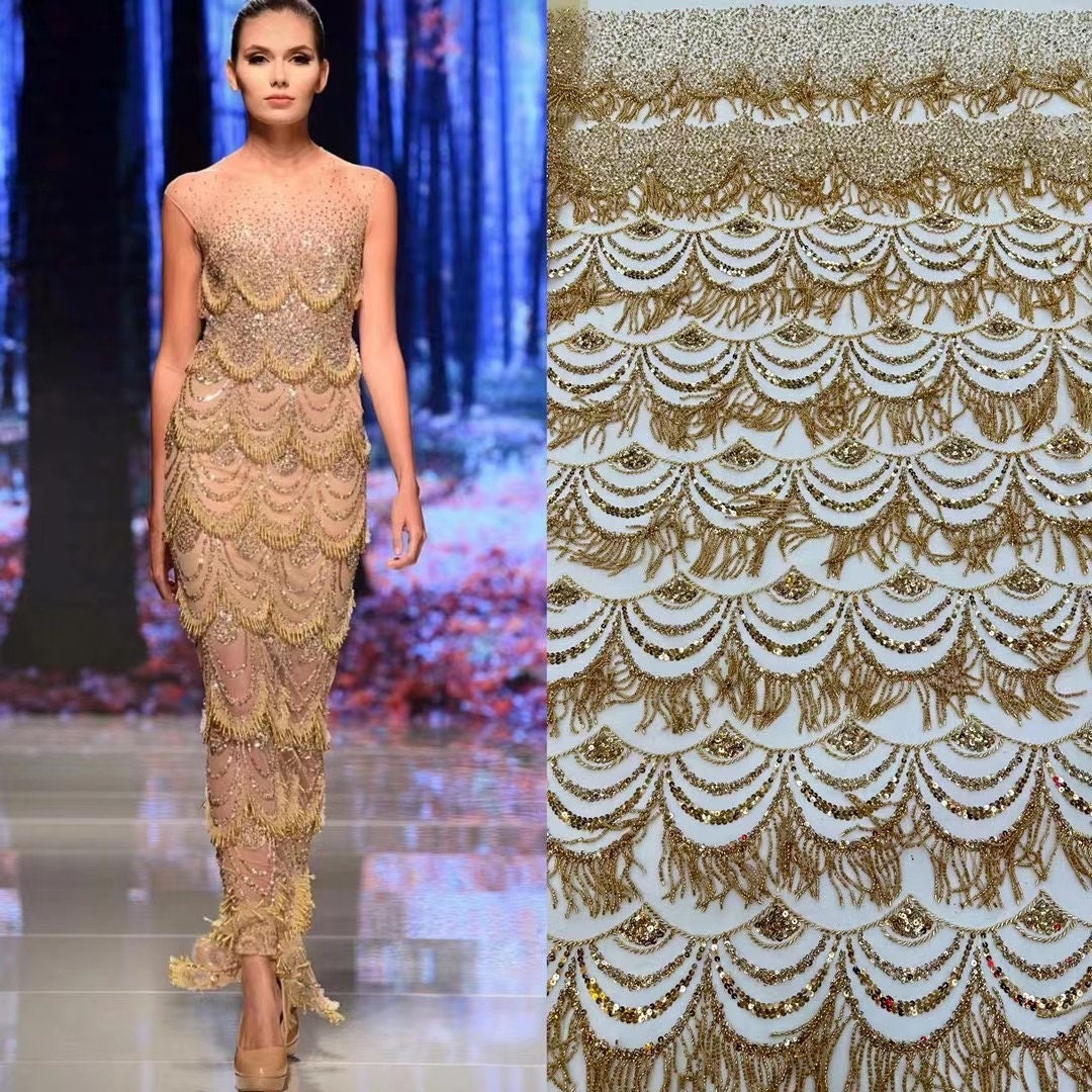 New Arrival Tassel Lace Fabric With Sequins , Beaded Lace Fabric ...