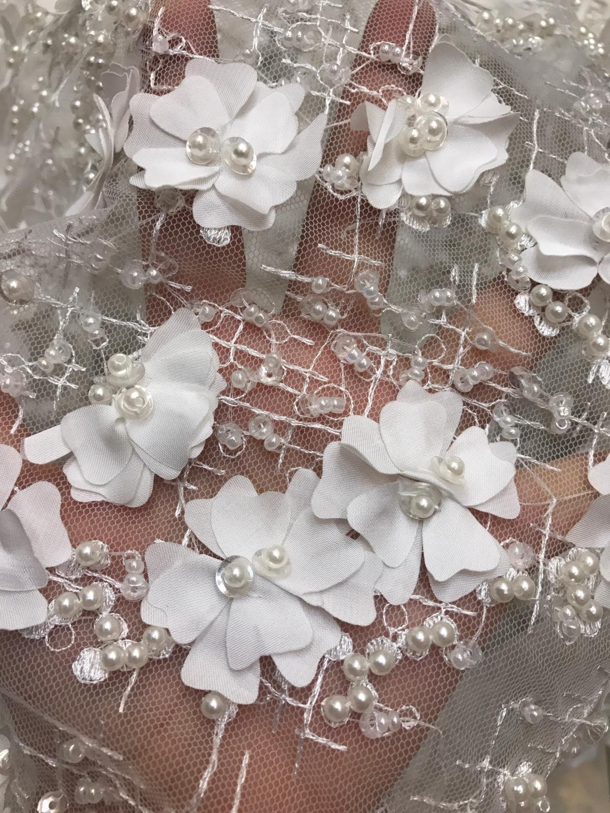 White Lace With Flowers 3D Flower Lace With Pearls Handwork - Etsy