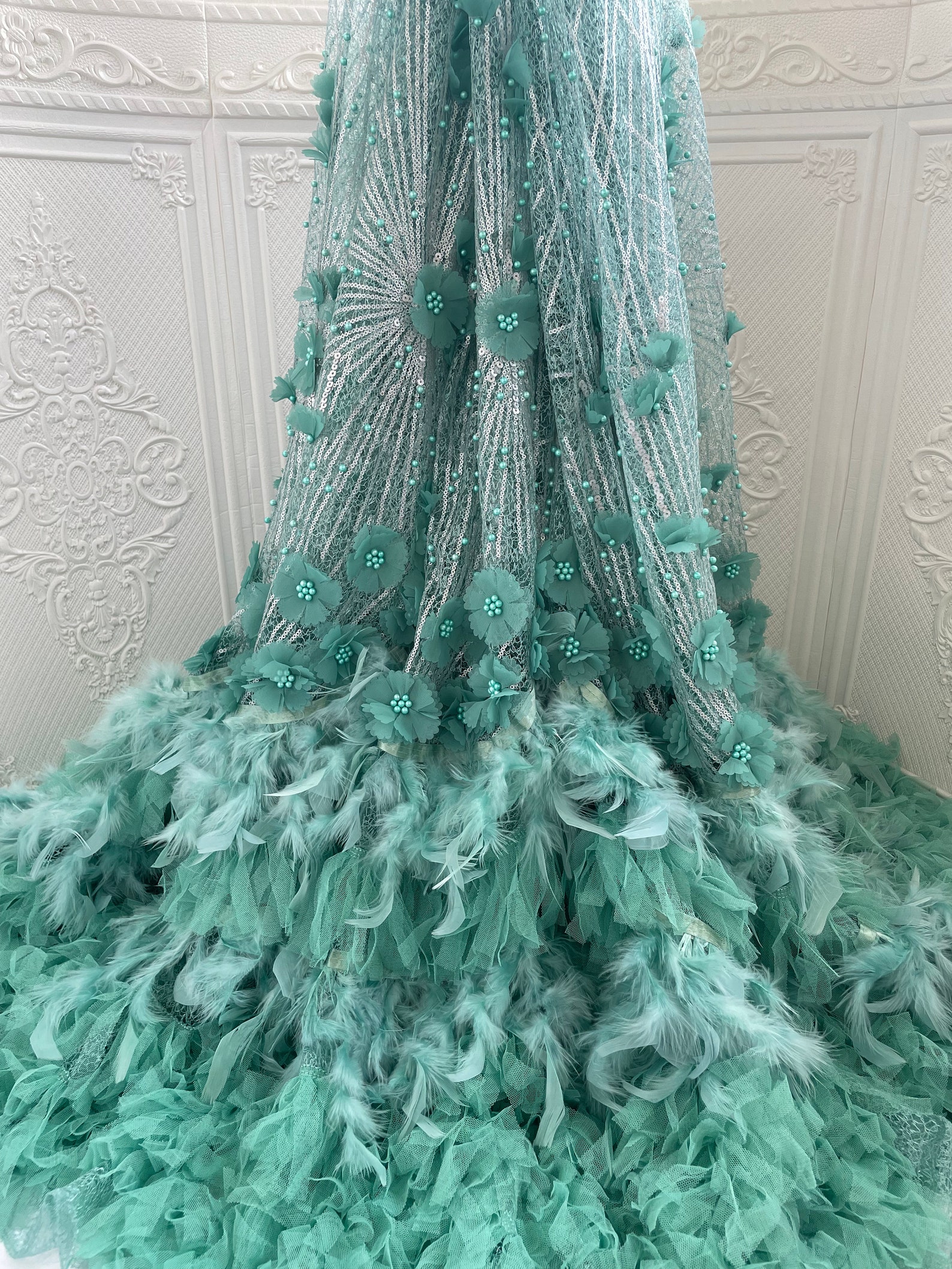 Feather Lace Fabric, Embroidery With Beads, Floral Wedding Dress ...