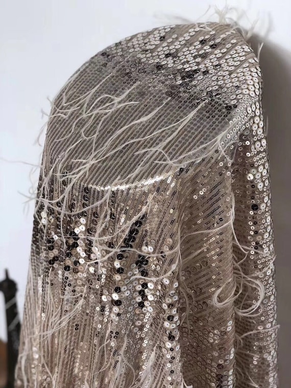 Sequins lace fabric with feathers Wedding dress fabric | Etsy