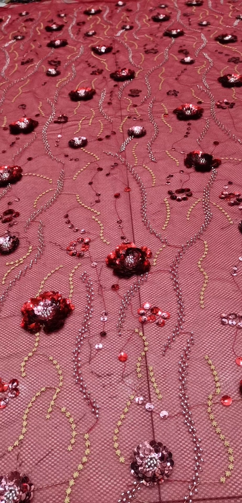 Red Flower Sequin Lace Fabric, Beaded Rhinestone Net, Fashion Show ...