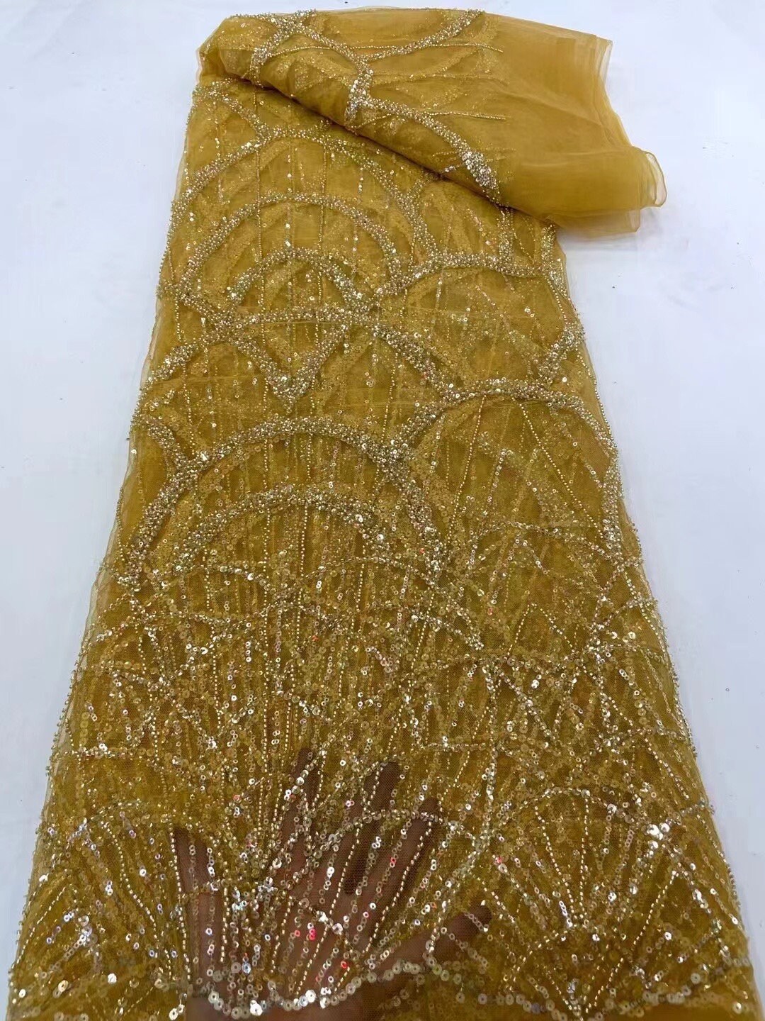 New Fashion Beaded Lace Fabric With Sequins , Shinning Wedding Dress ...
