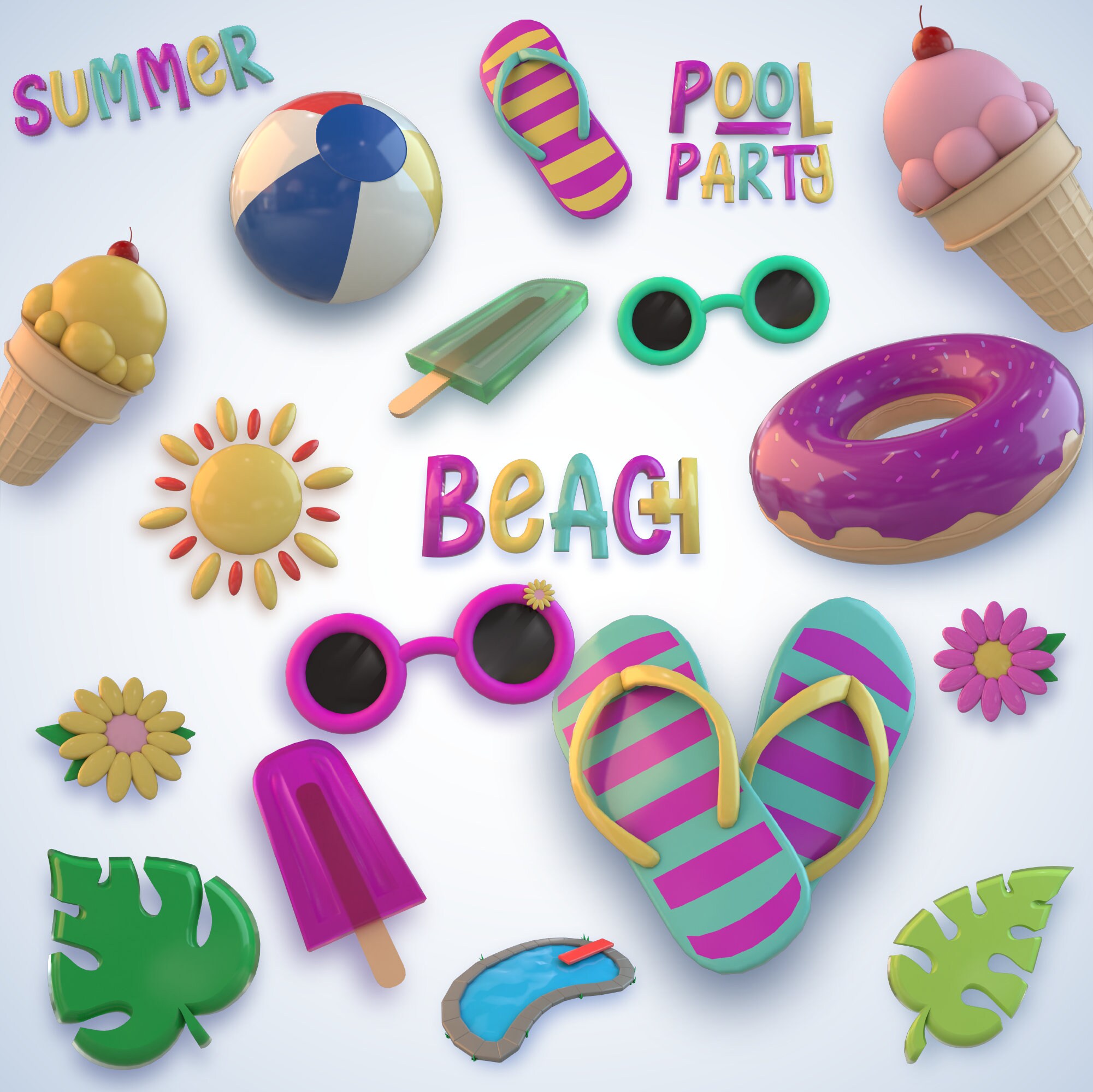 3D Summer Clipart / Pool, Beach, Popsicles / With Shadows / Without ...