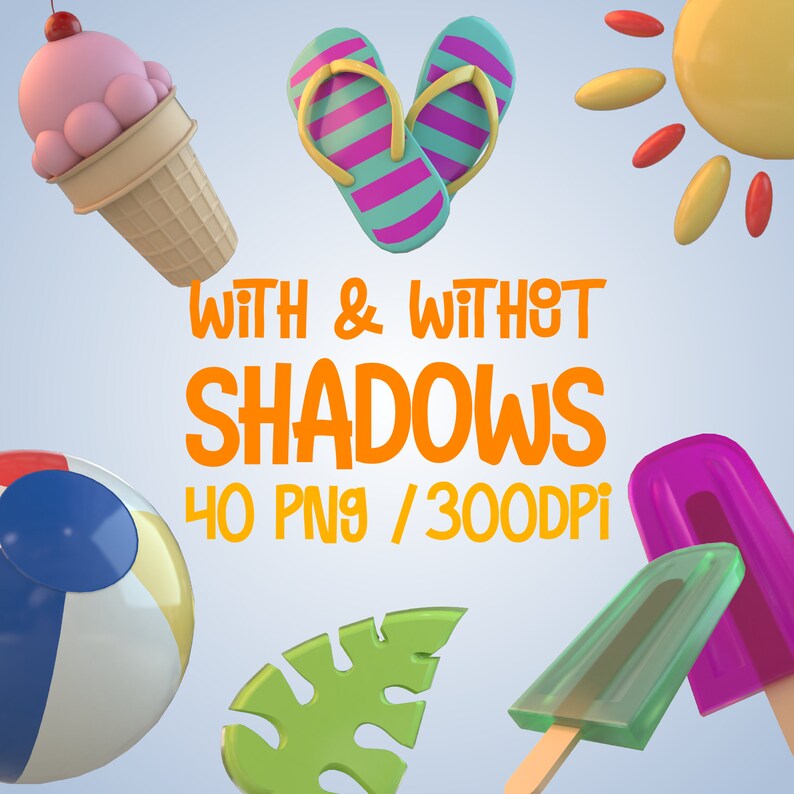 3D Summer Clipart / Pool, Beach, Popsicles / With Shadows / Without ...