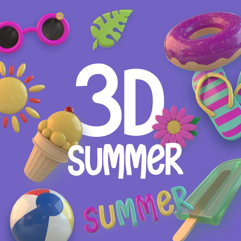3D Summer Clipart / Pool, Beach, Popsicles / With Shadows / Without ...
